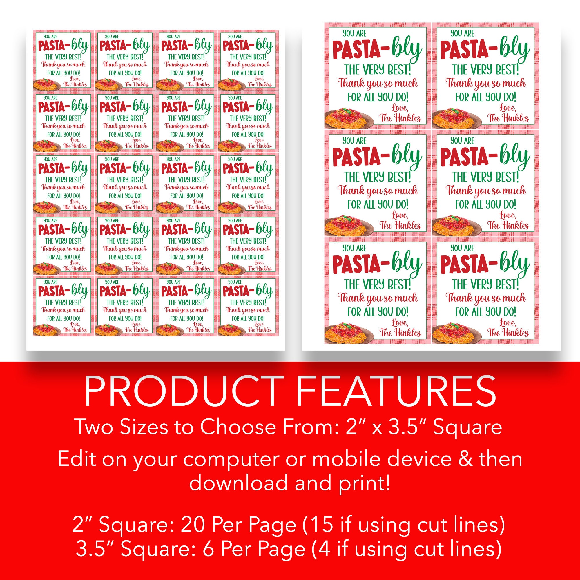 EDITABLE You Are Pasta-bly the Best Square Gift Tags | Pasta Dinner ...