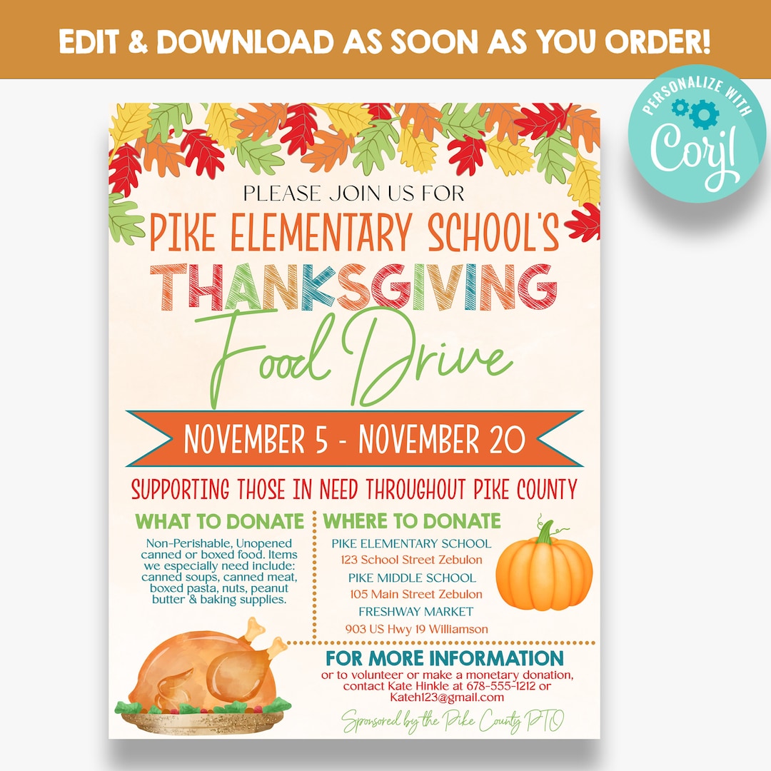 EDITABLE Thanksgiving Food Drive Flyer Fall Food Drive Fundraiser ...