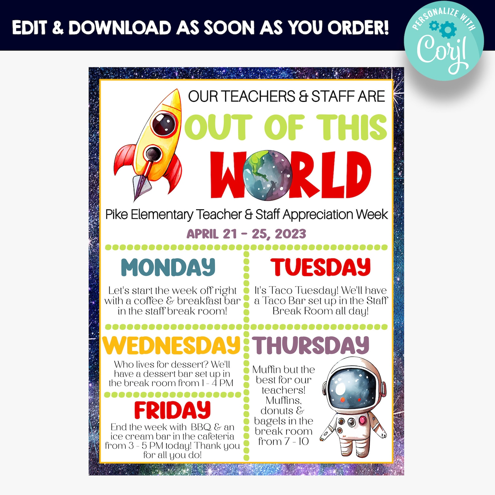 EDITABLE Space Themed Teacher Appreciation Week Itinerary | Our Teacher ...