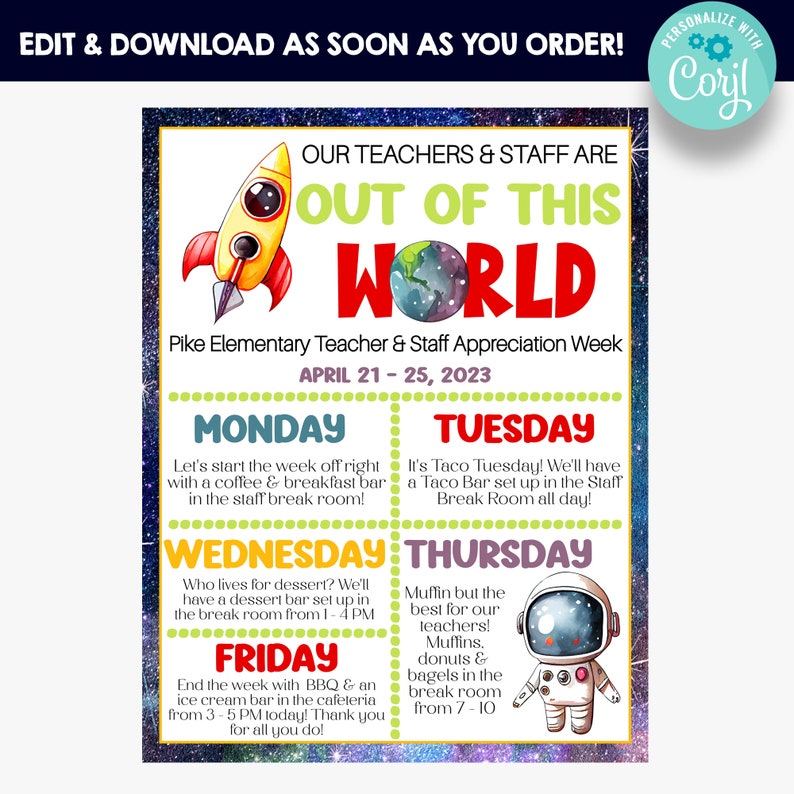 EDITABLE Space Themed Teacher Appreciation Week Itinerary - Etsy