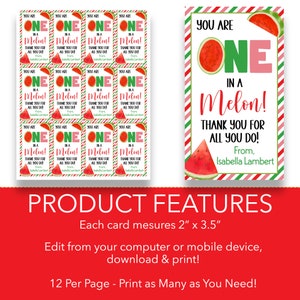 EDITABLE You Are One in a Melon Rectangle Appreciation Gift Tags ...