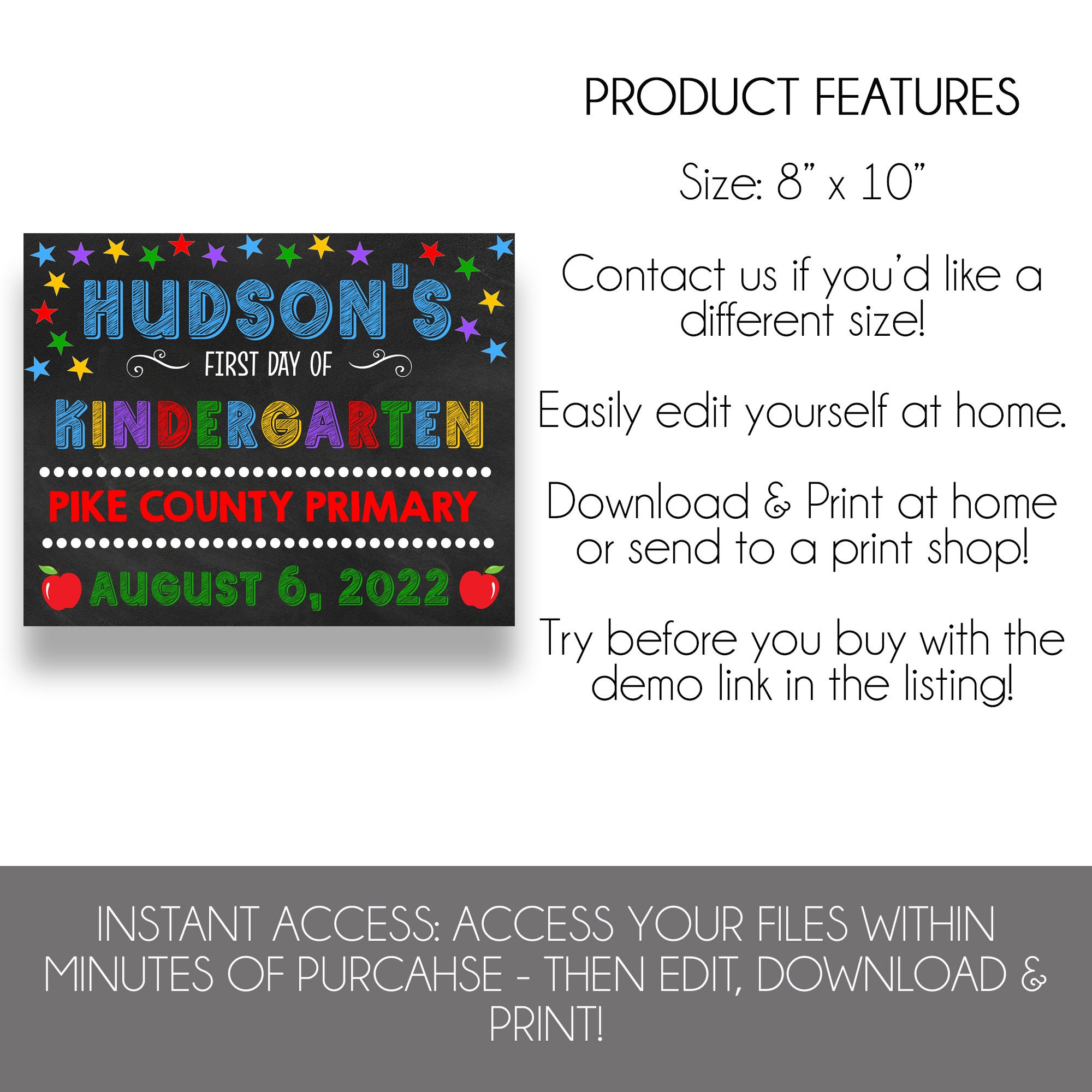 Editable Personalized First Day of Kindergarten Grade Sign - Etsy