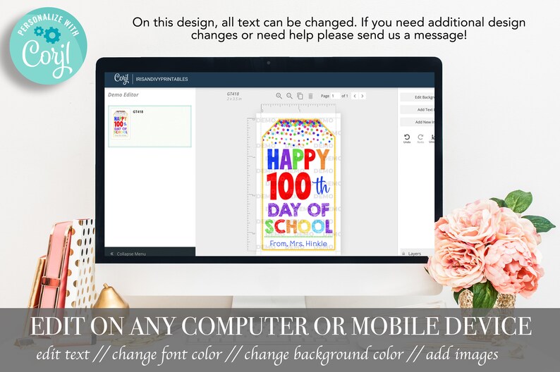 EDITABLE Happy 100th Day of School Treat Bag Tags | Printable 100th Day ...