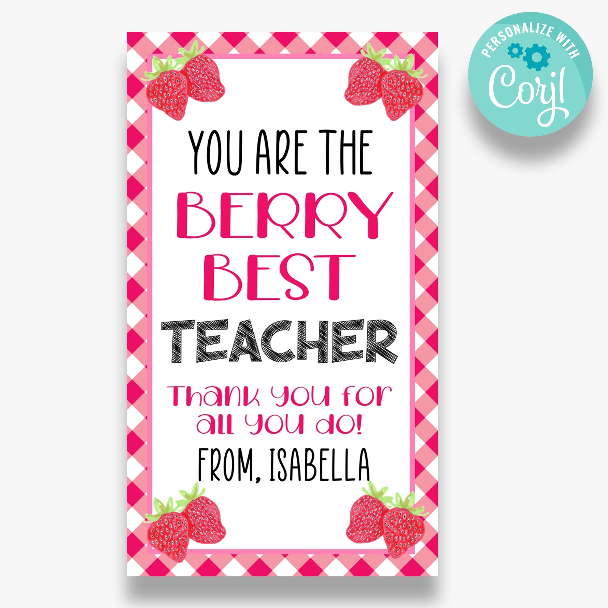 EDITABLE Berry Best Teacher Thank You Tags Strawberry Themed - Etsy