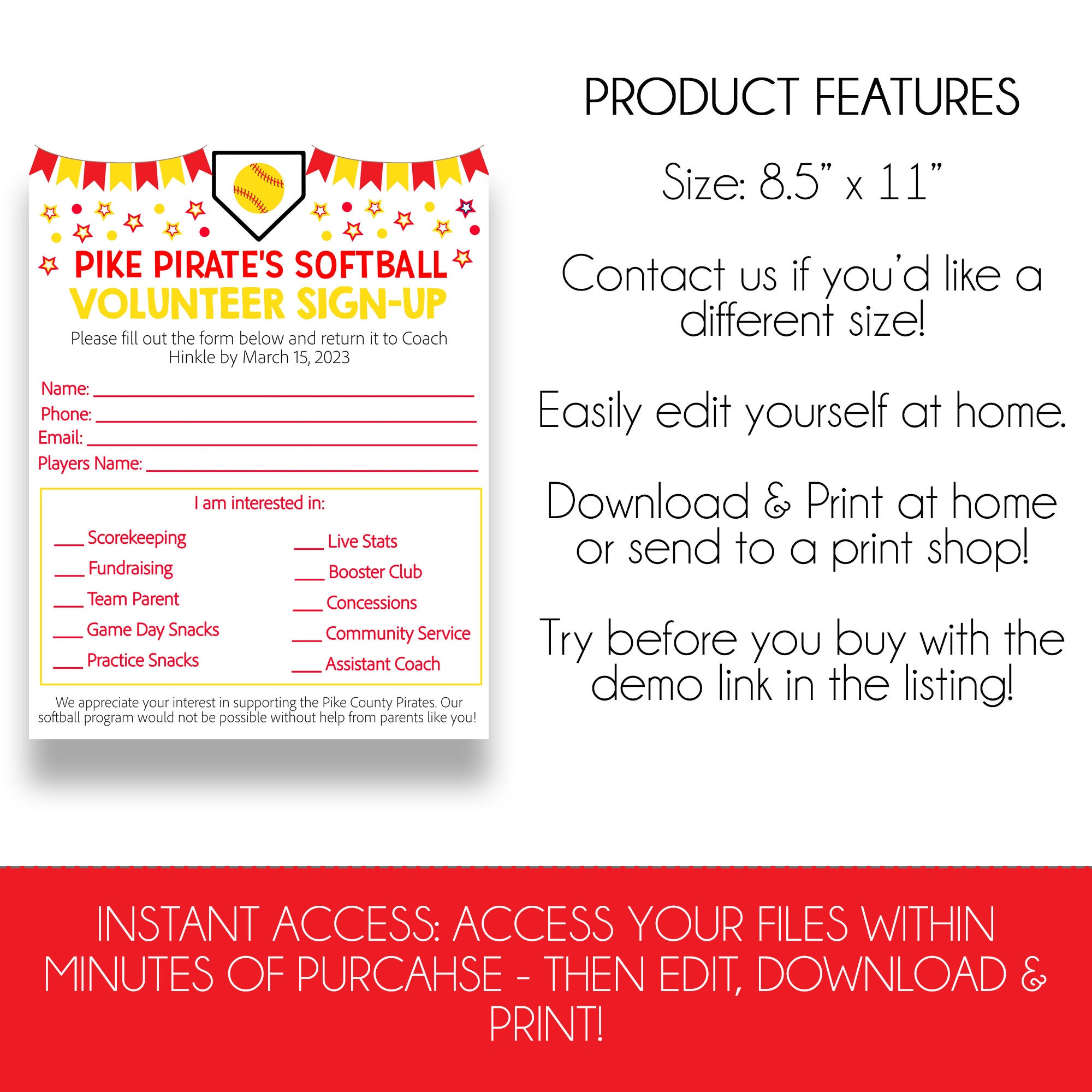 EDITABLE Softball Volunteer Sign up Form | Printable Sports Volunteer ...