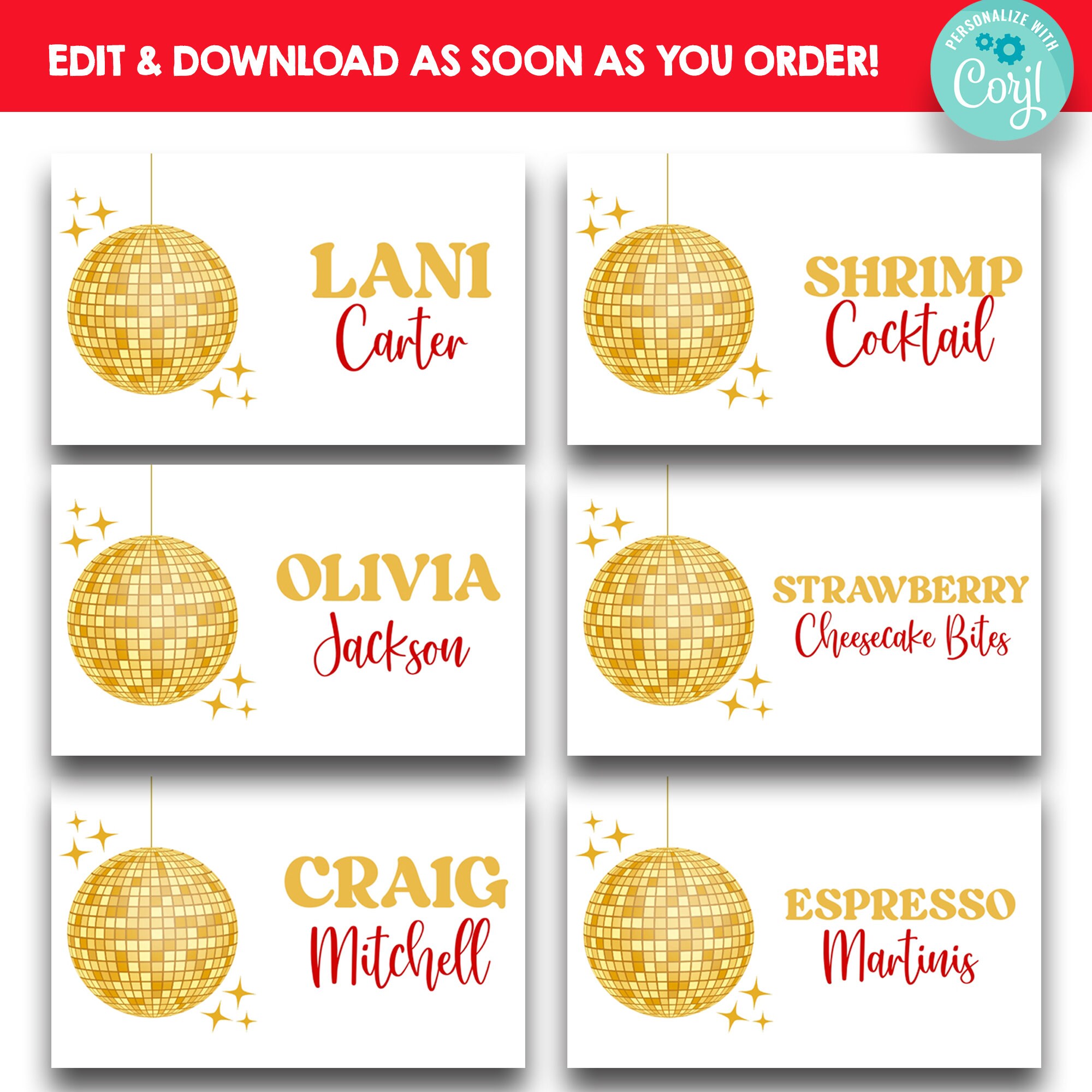 EDITABLE Gold Disco Ball Place Cards Disco Party Table Tents - Etsy