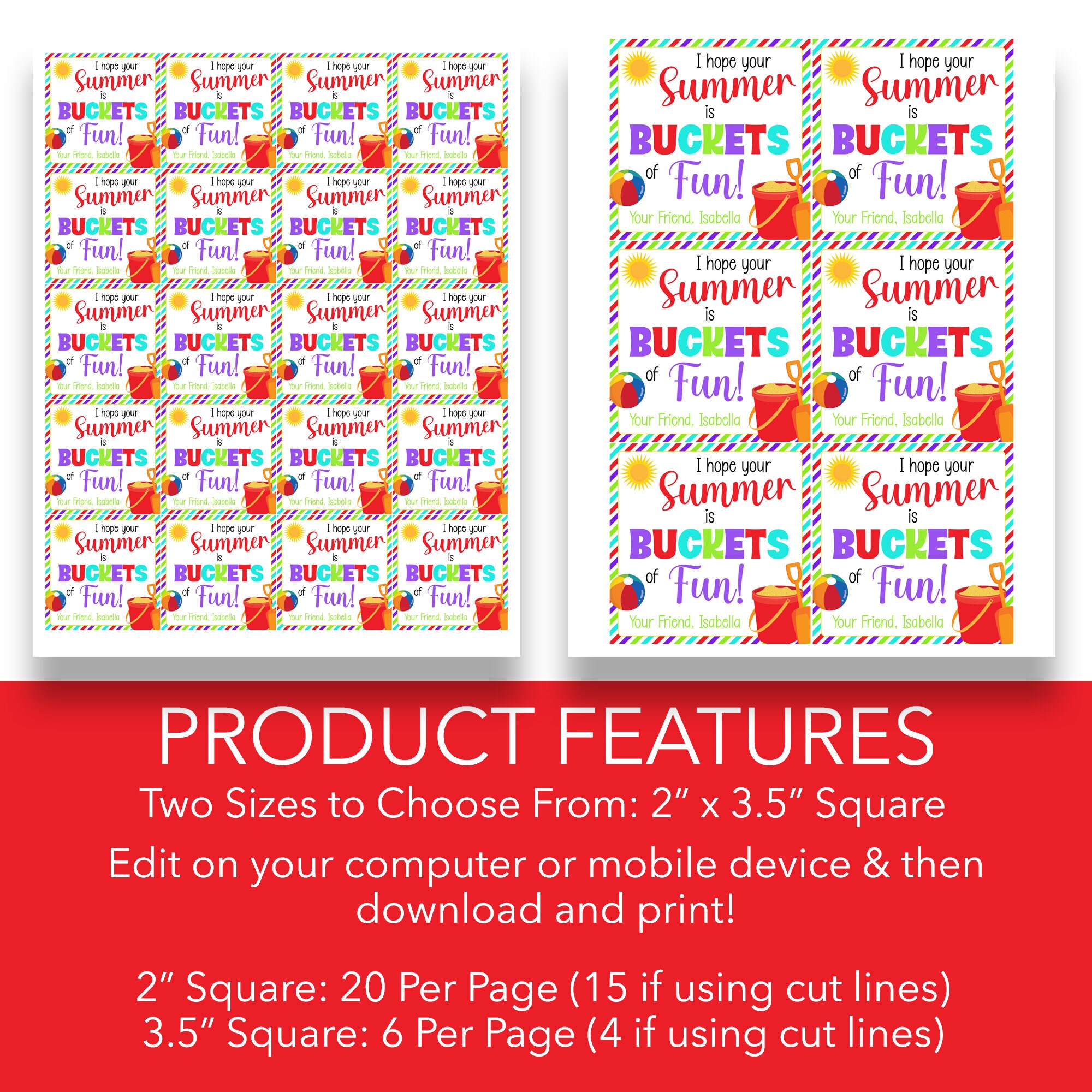 EDITABLE Hope Your Summer is Buckets of Fun Kids Gift Tags - Etsy