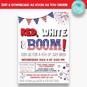 EDITABLE Red, White & Boom 4th of July Party Invitation | Fourth of ...