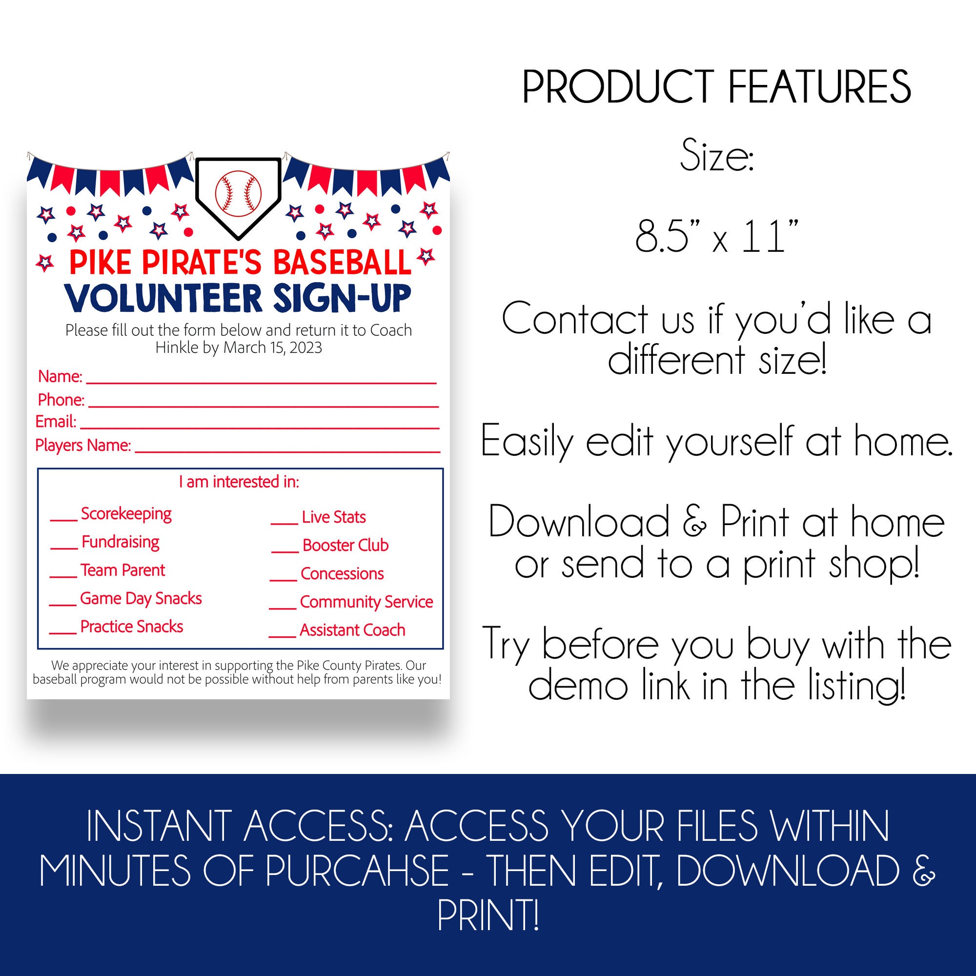 EDITABLE Baseball Volunteer Sign up Form | Printable Sports Volunteer ...