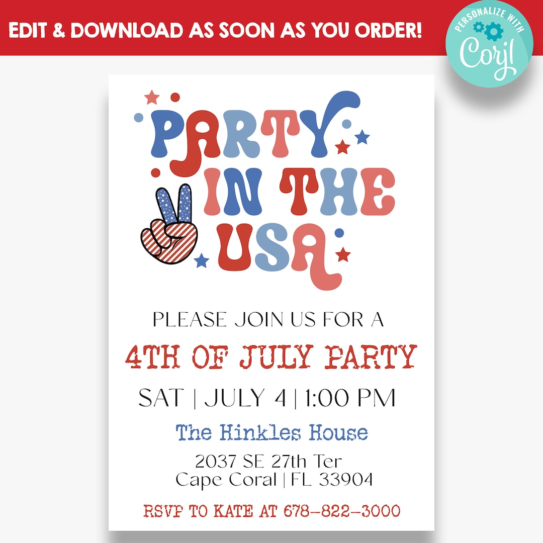 EDITABLE Party in the USA Fourth of July Party Invitation | July 4 ...