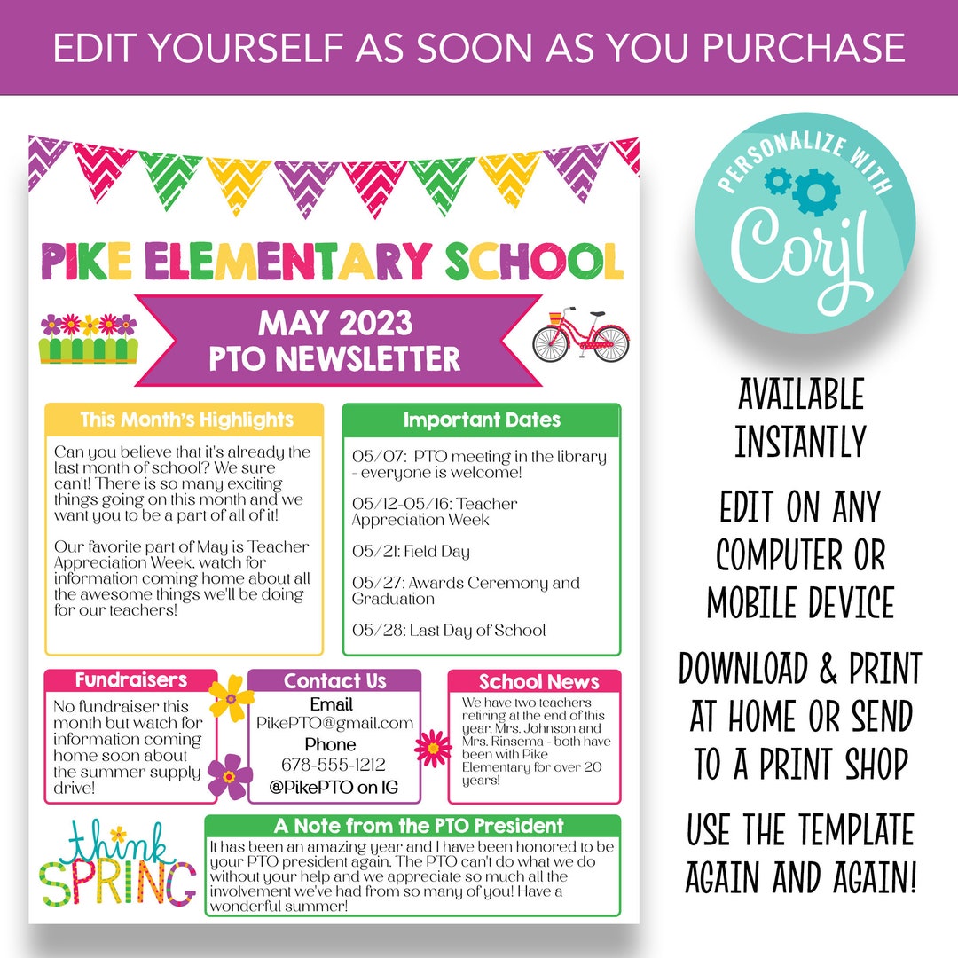 EDITABLE PTO School Newsletter | May PTA Newsletter Template ...