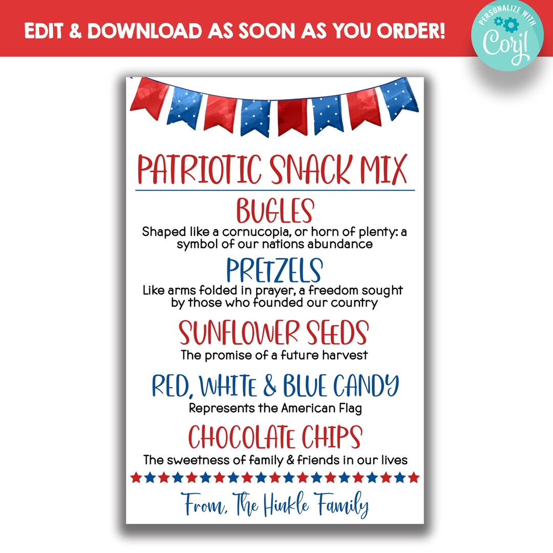 EDITABLE Patriotic Snack Mix Tag | Fourth of July Snack Mix Treat Tags ...