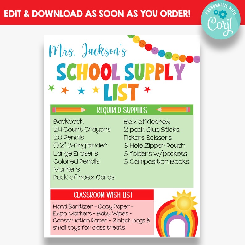 EDITABLE Rainbow School Supply List Printable | Elementary School ...