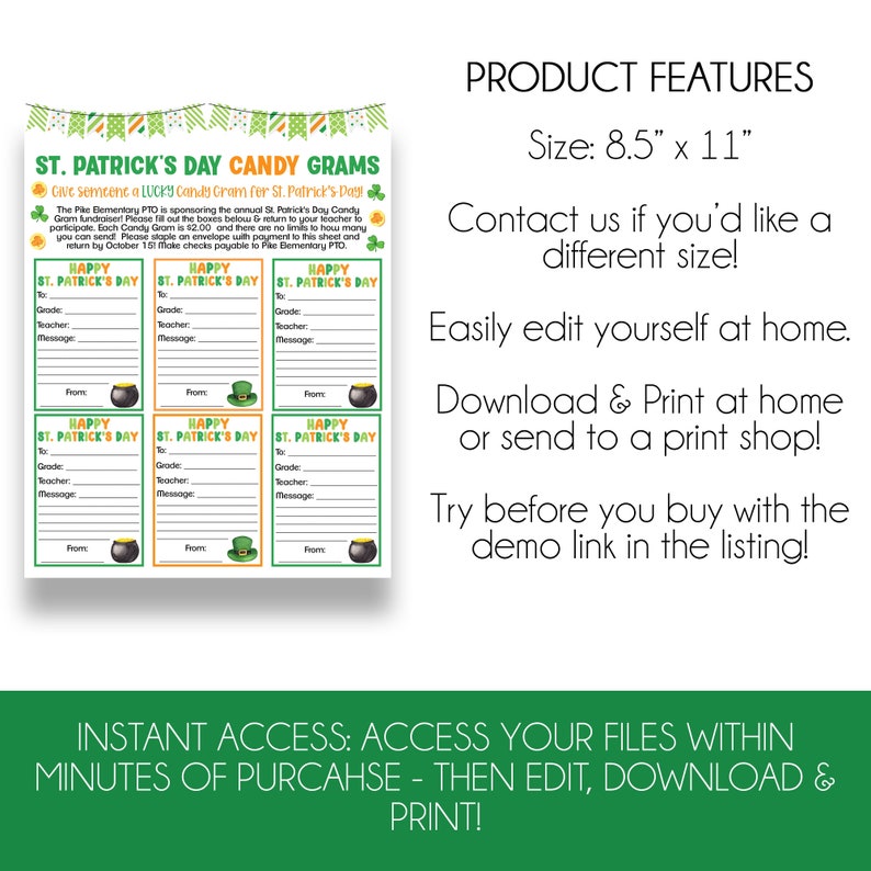 EDITABLE St. Patrick's Day Candy Gram Flyer | St. Patrick's Day School ...