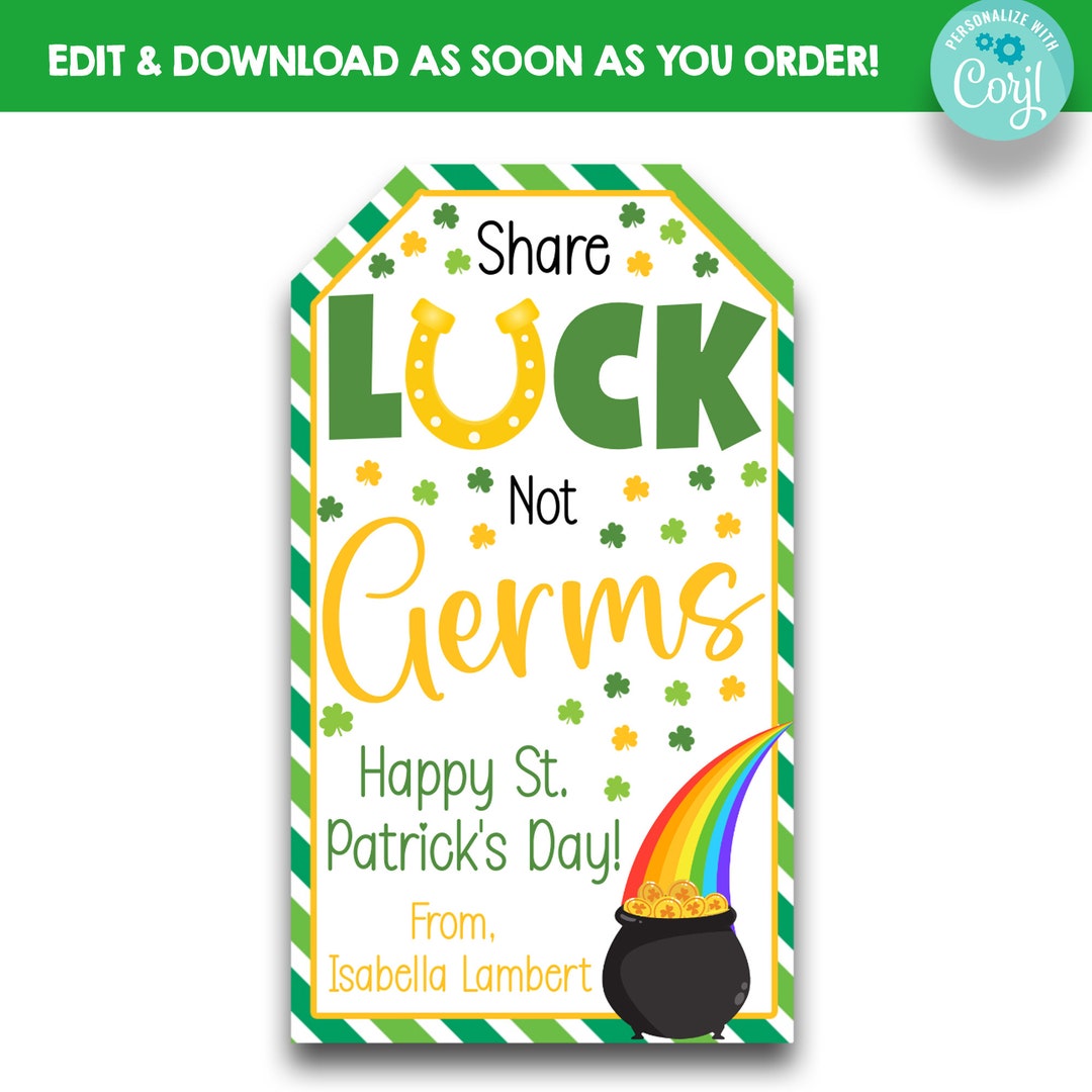 EDITABLE Share Luck Not Germs St. Patrick's Day Gift Bag Tags ...