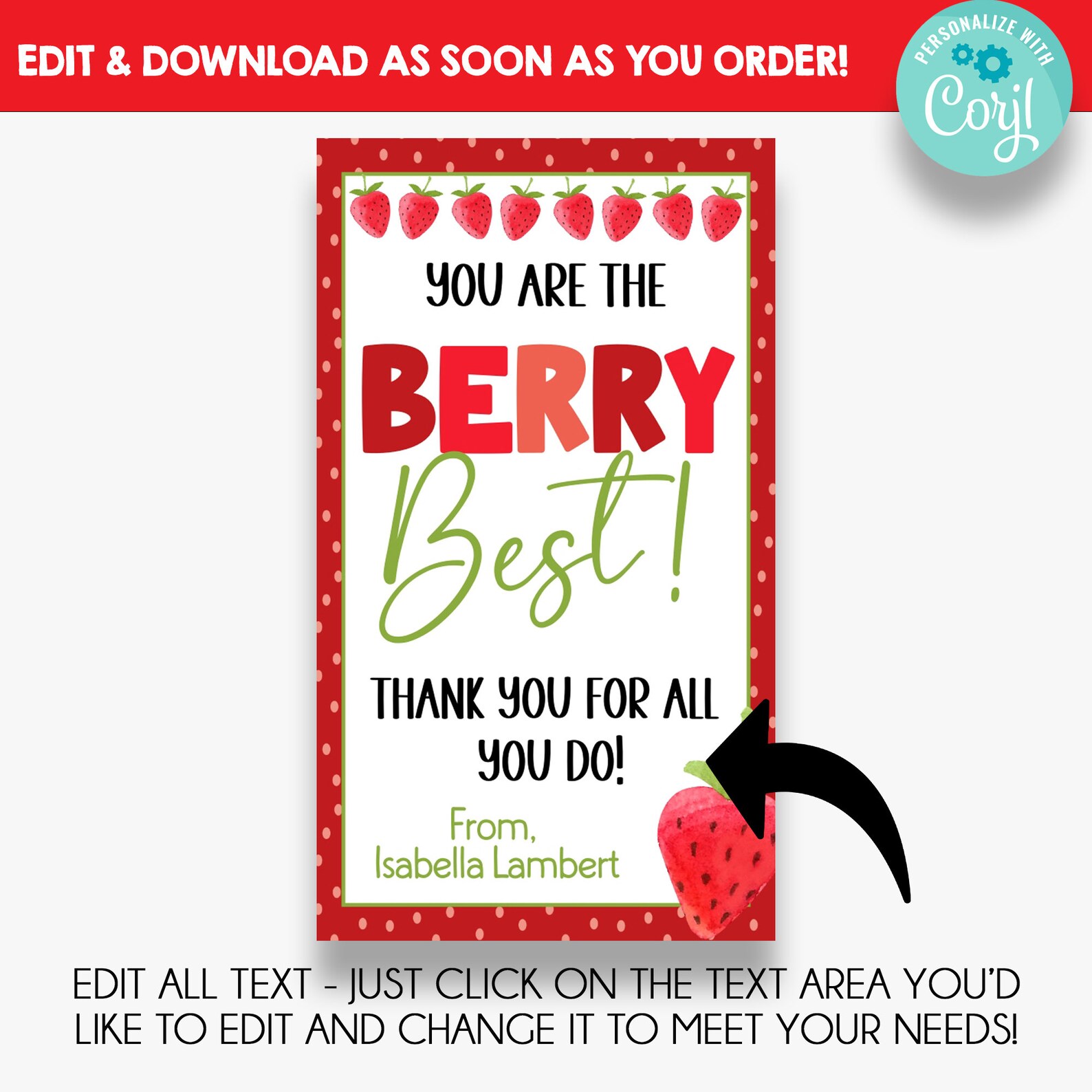EDITABLE You Are the Berry Best Appreciation Gift Tag - Etsy
