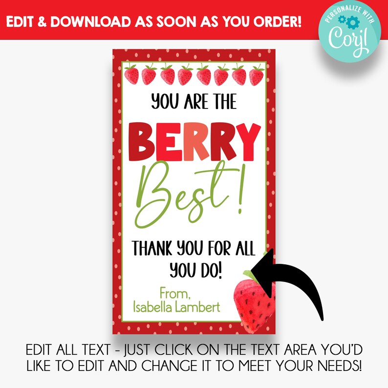 EDITABLE You Are the Berry Best Appreciation Gift Tag | Strawberry ...