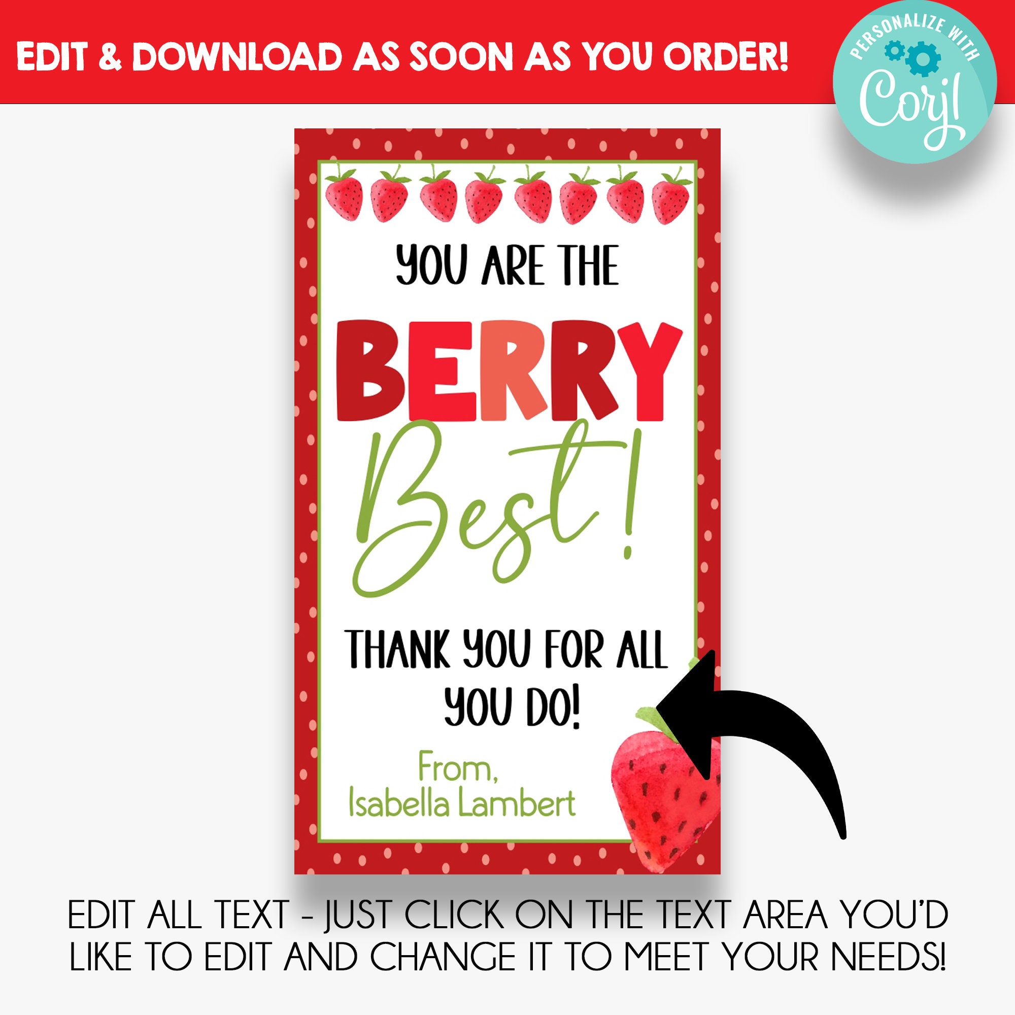 EDITABLE You Are the Berry Best Appreciation Gift Tag | Strawberry ...