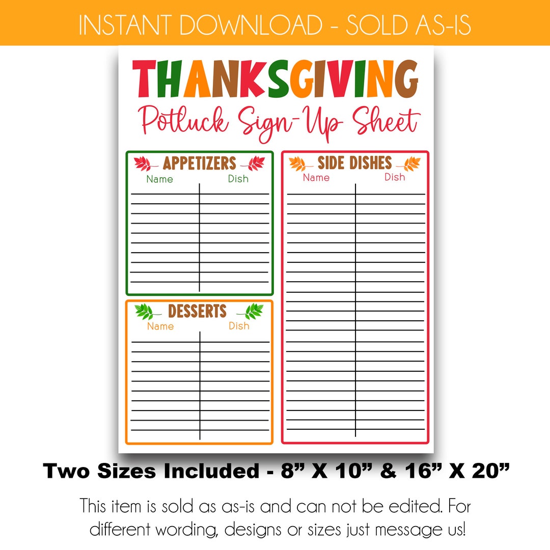 INSTANT DOWNLOAD | Thanksgiving Potluck Sign up Form | Fall Potluck ...