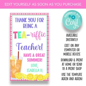 EDITABLE Thank You for Being A Tea-riffic Teacher Rectangle Gift Tags ...