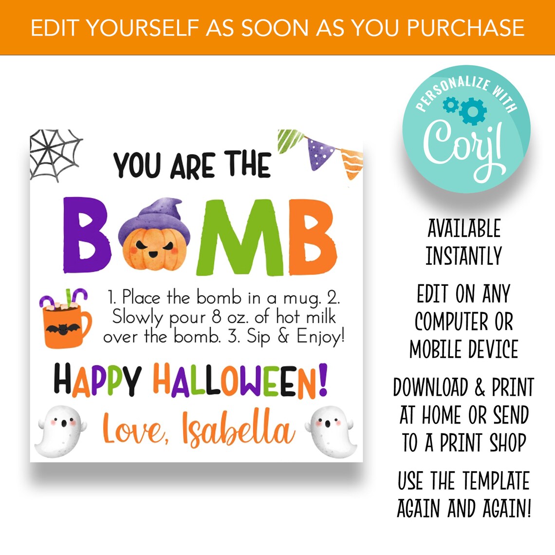 Editable Halloween Boo Bomb Treat Tags | Printable Halloween Favor Tags ...