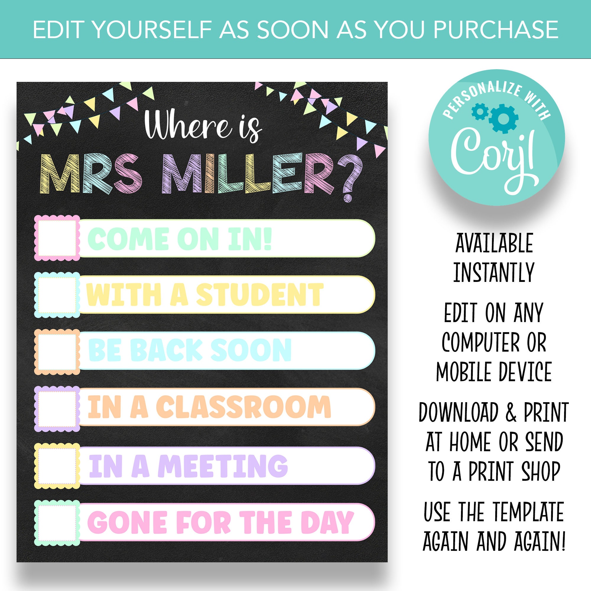 EDITABLE Where is the Teacher Sign | Pastel Chalkboard Where is the ...