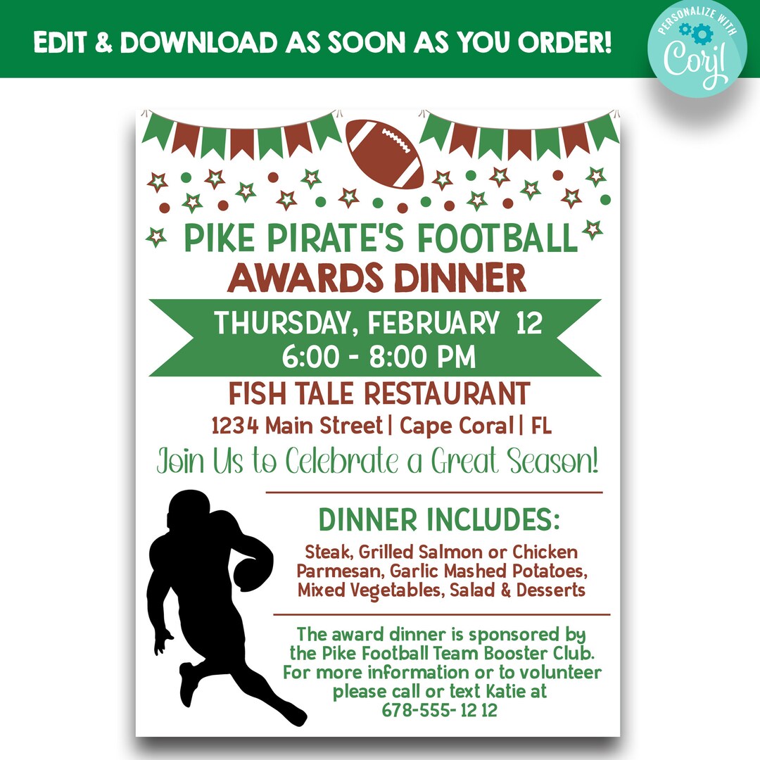 EDITABLE Football Awards Dinner Flyer | Award Dinner Invitation ...