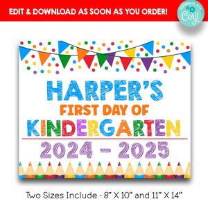 Editable Bright First Day of Kindergarten First Day of School Sign ...