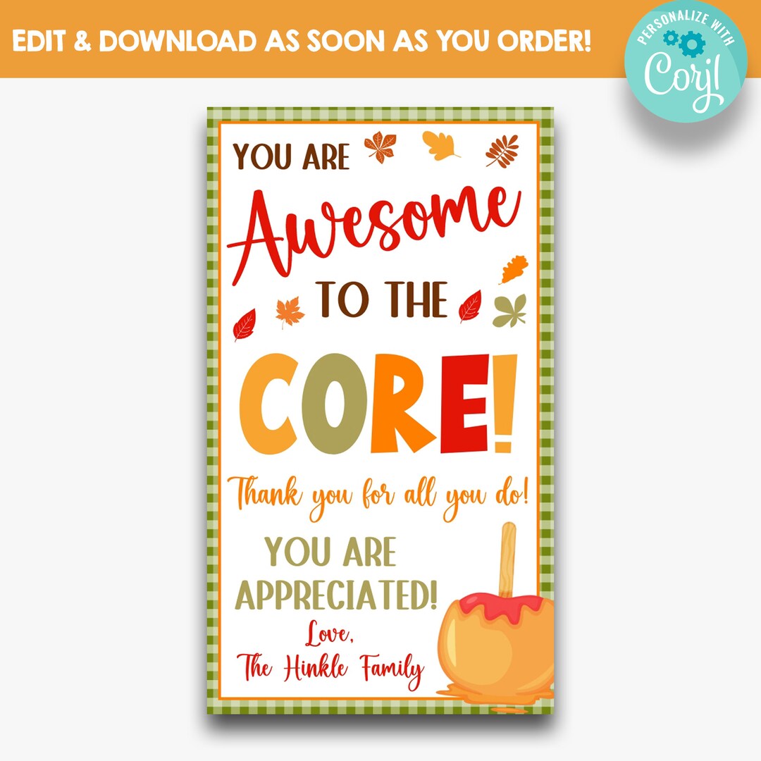 EDITABLE You Are Awesome to the Core Caramel Apple Gift Tag | Rectangle ...