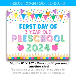 First Day of Three Year Old Preschool Sign Pastel Printable Back to ...