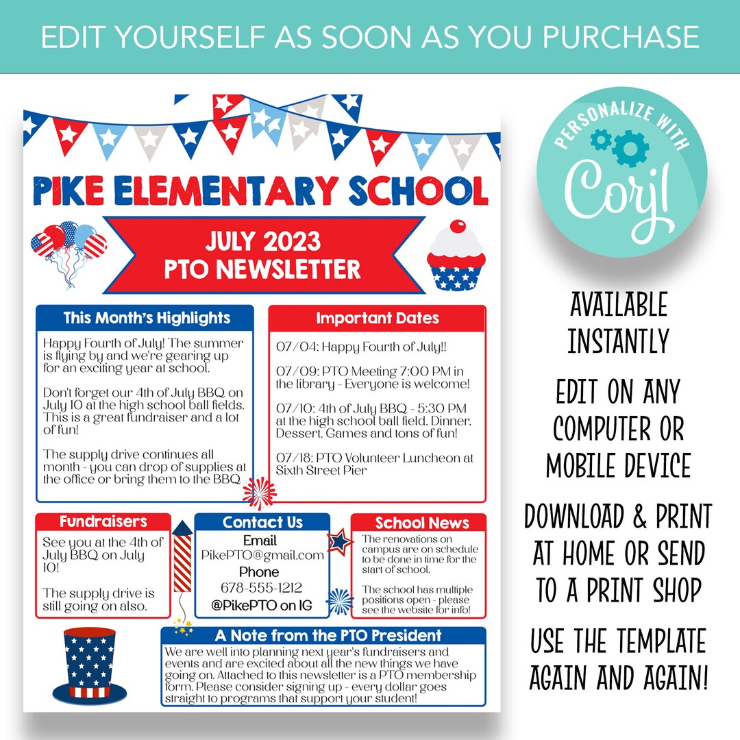 EDITABLE PTO School Newsletter July PTA Newsletter Template Printable ...