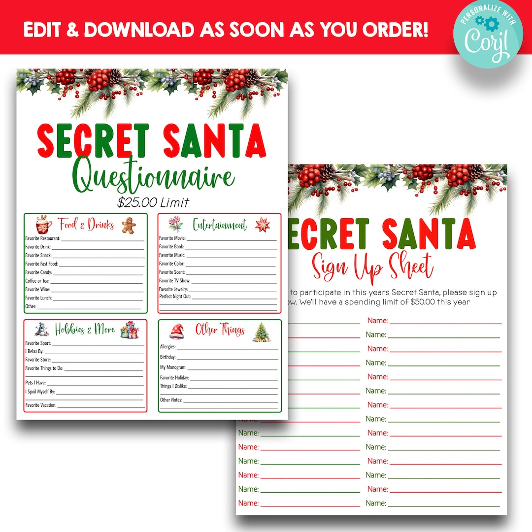 EDITABLE Watercolor Secret Santa Questionnaire & Sign up Sheet Secret ...
