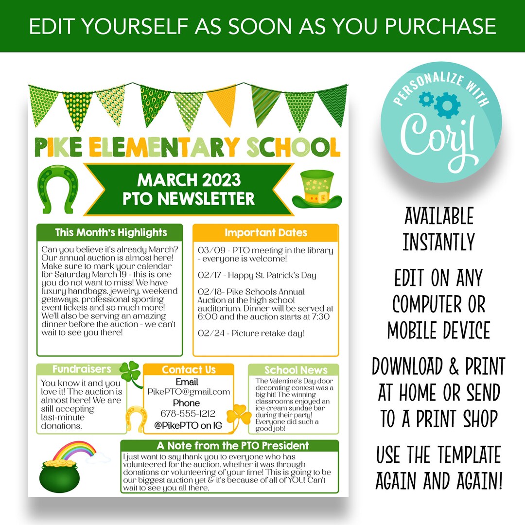 EDITABLE PTO School Newsletter | March PTA Newsletter Template ...