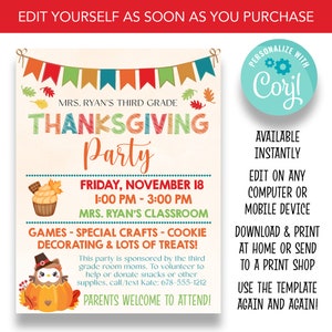 EDITABLE Thanksgiving Class Party Flyer | School Fall Party Newsletter ...
