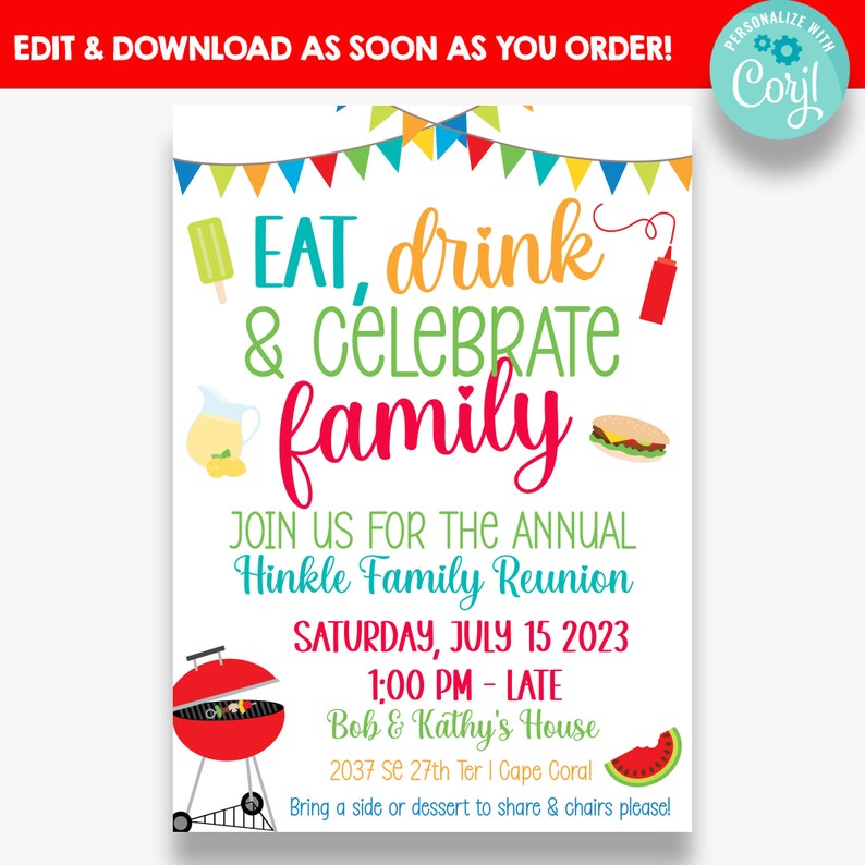 EDITABLE Family Reunion Invitation | Eat Drink & Celebrate Family ...