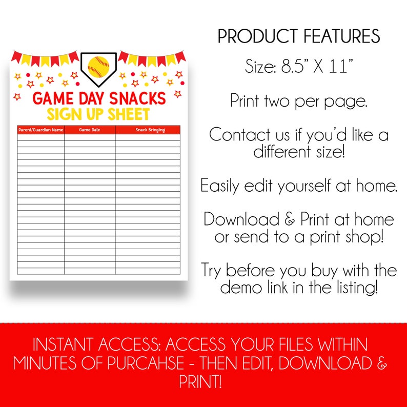 EDITABLE Softball Snack Sign up Sheet | Game Day Snacks Sign up ...