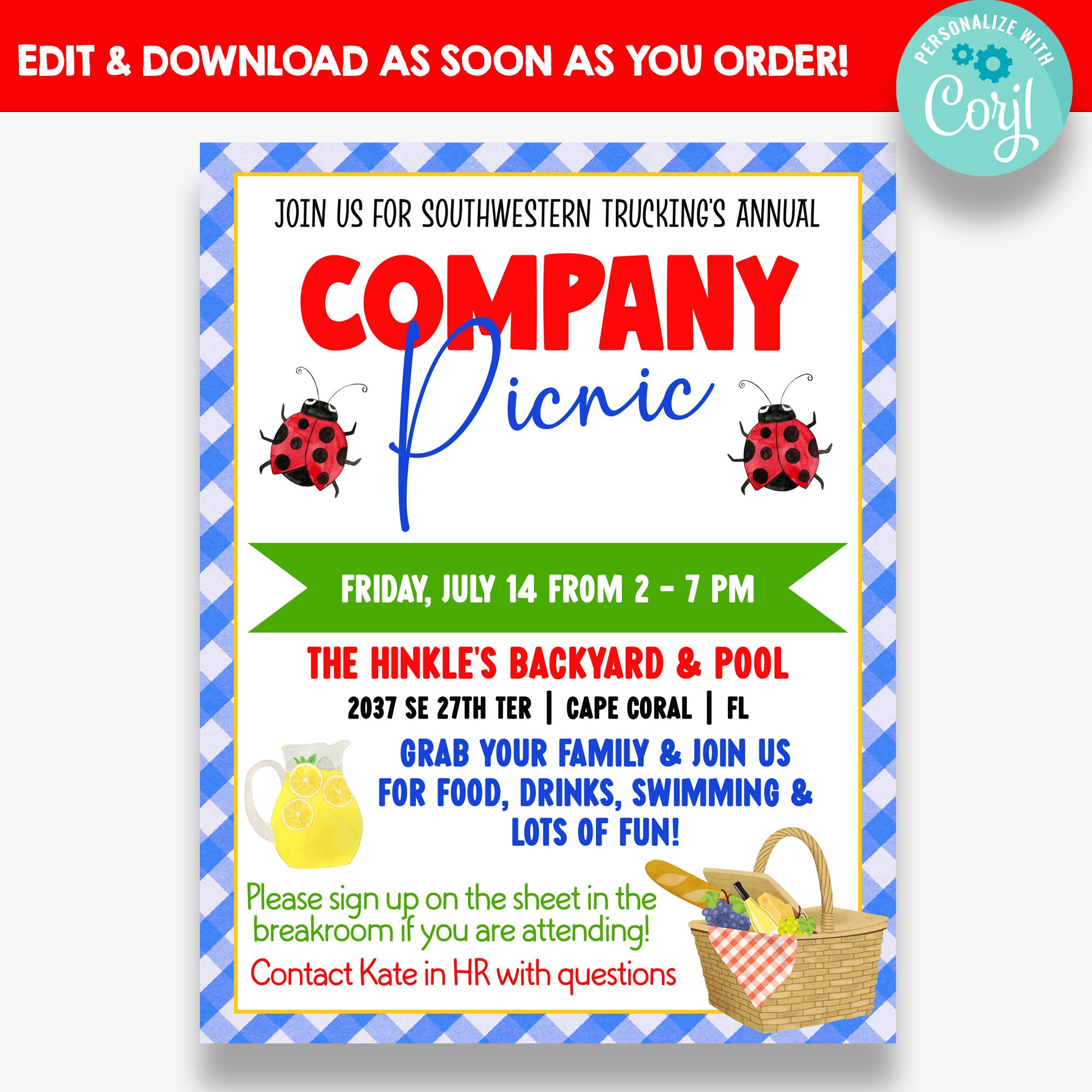 EDITABLE Company Picnic Flyer With Bonus Sign up Sheet | Summer Company ...