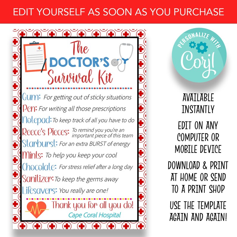 EDITABLE Doctor's Survival Kit Tag Doctor Appreciation - Etsy