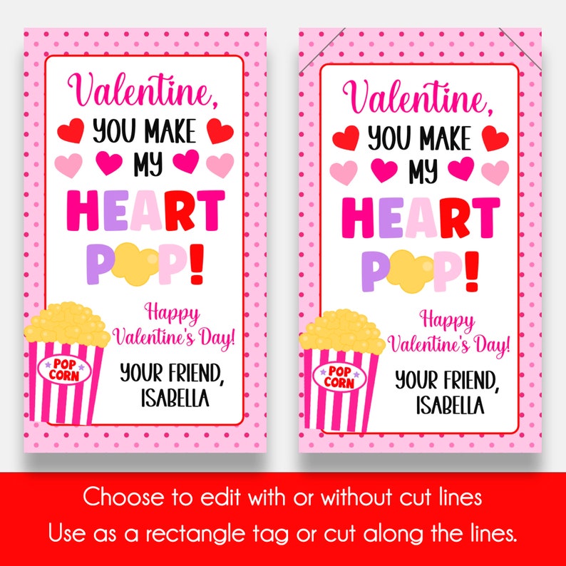 Editable You Make My Heart Pop Valentine's Gift Tag | Printable Popcorn ...
