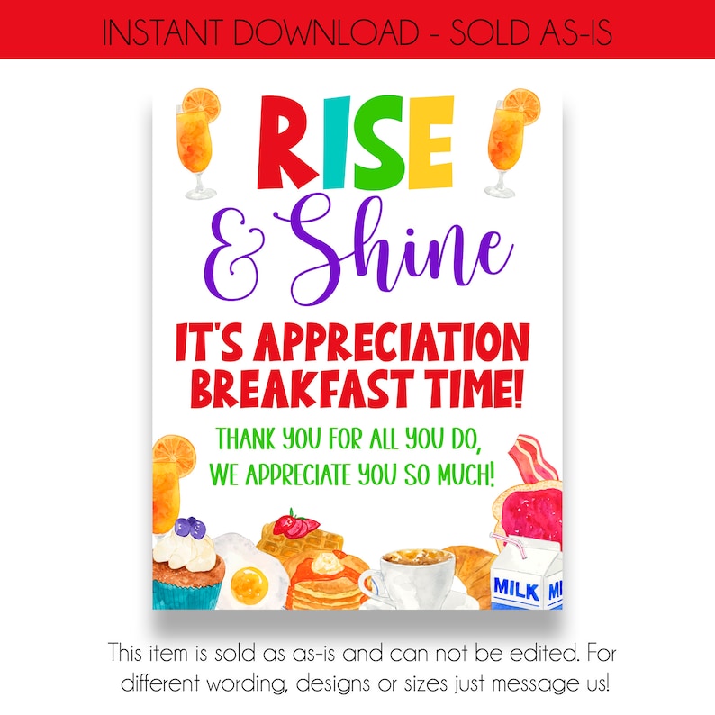 INSTANT DOWNLOAD | Appreciation Breakfast Sign | Teacher Appreciation ...