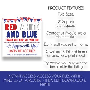 EDITABLE Red White and Blue Thank You for All You Do Gift Tags | Fourth ...