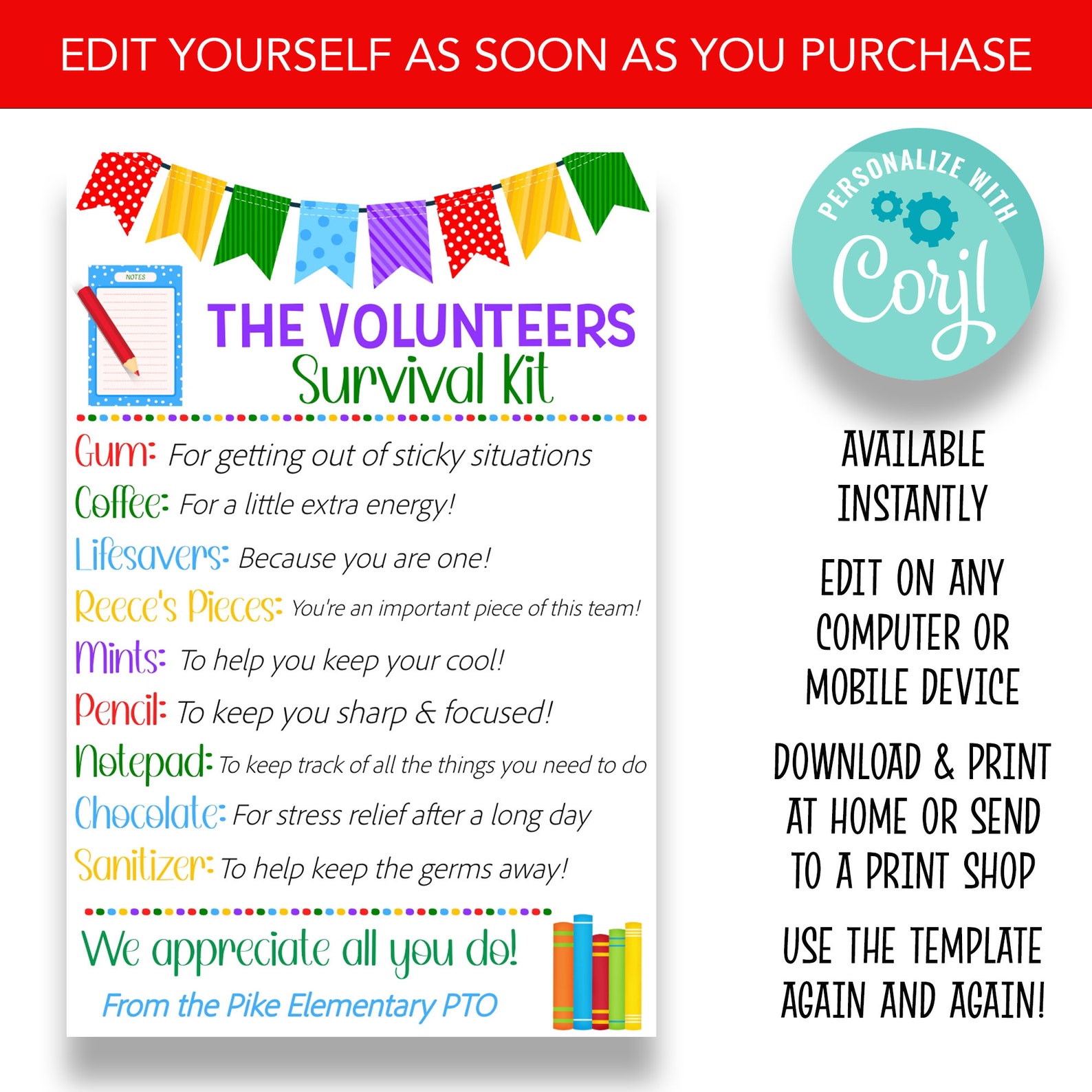 EDITABLE Volunteers Survival Kit Tag | Back to School Volunteer Gift ...