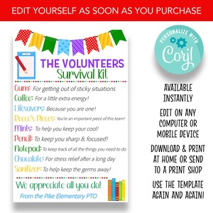 EDITABLE Volunteers Survival Kit Tag | Back to School Volunteer Gift ...