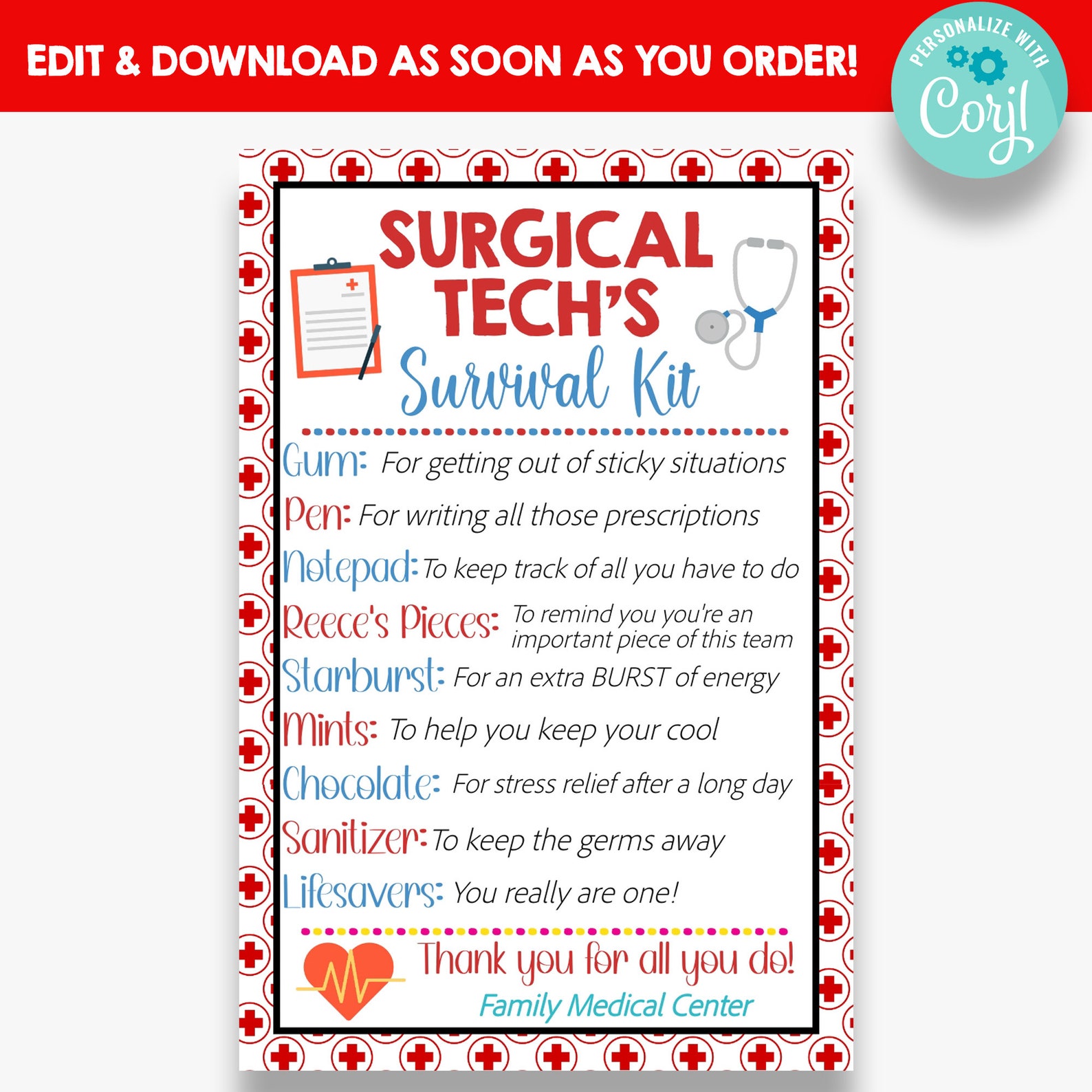 EDITABLE Surgical Tech's Survival Kit Gift Tag | Surgical Tech Thank ...
