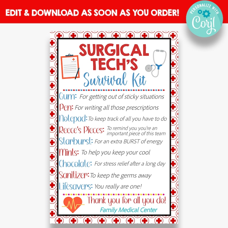 EDITABLE Surgical Tech's Survival Kit Gift Tag | Surgical Tech Thank ...