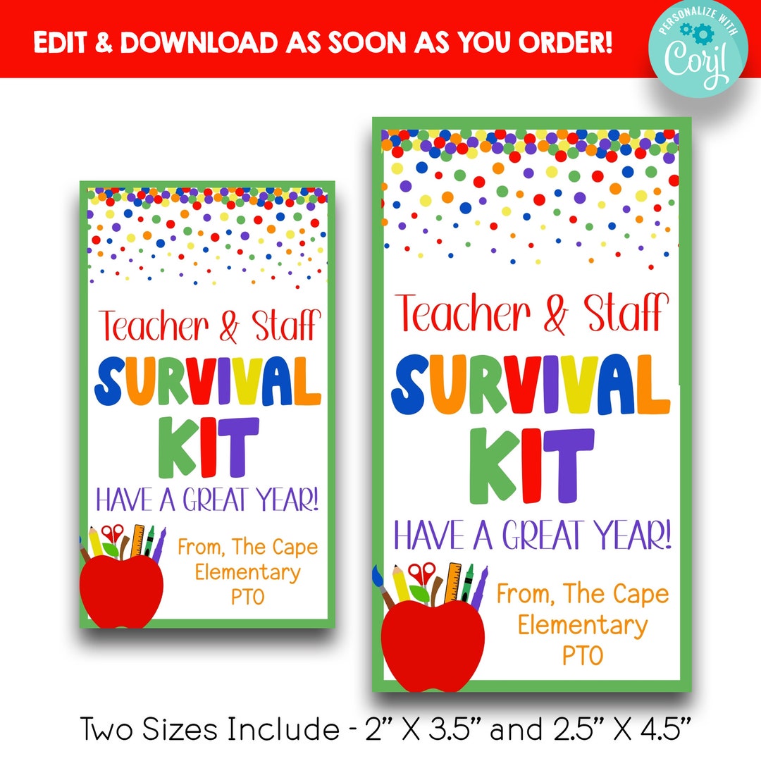 EDITABLE Bright Teacher & Staff Survival Kit Gift Tag | Back to School ...