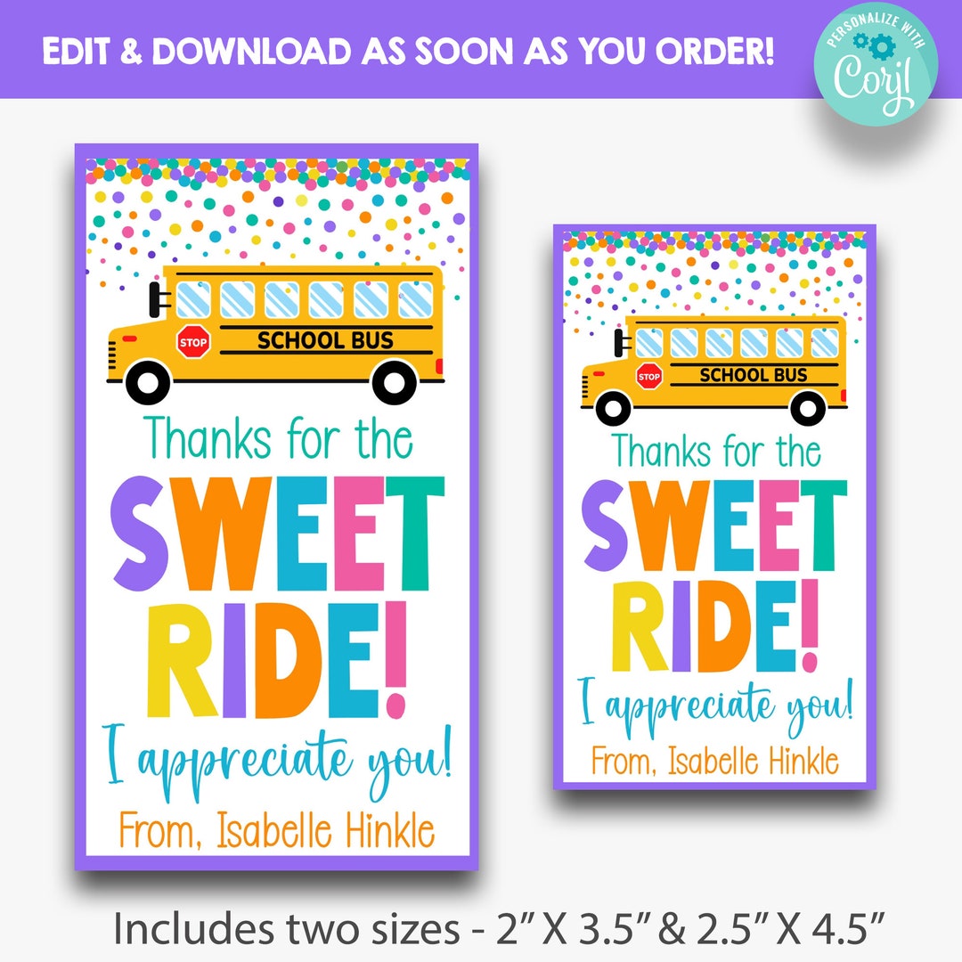 EDITABLE Pastel Thanks for the Sweet Ride Bus Driver Appreciation Gift ...