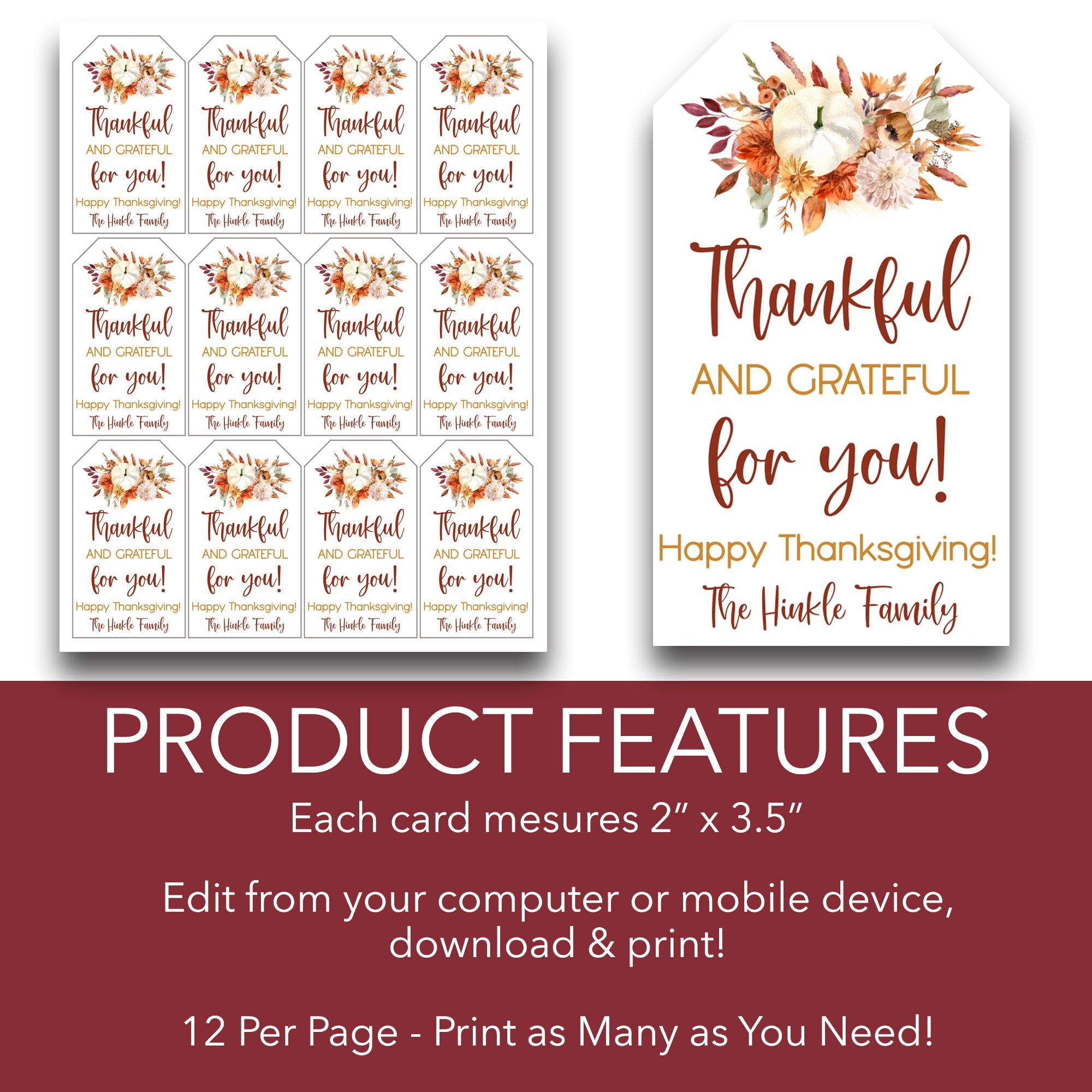 EDITABLE Thankful & Grateful for Your Thanksgiving Favor Tags ...
