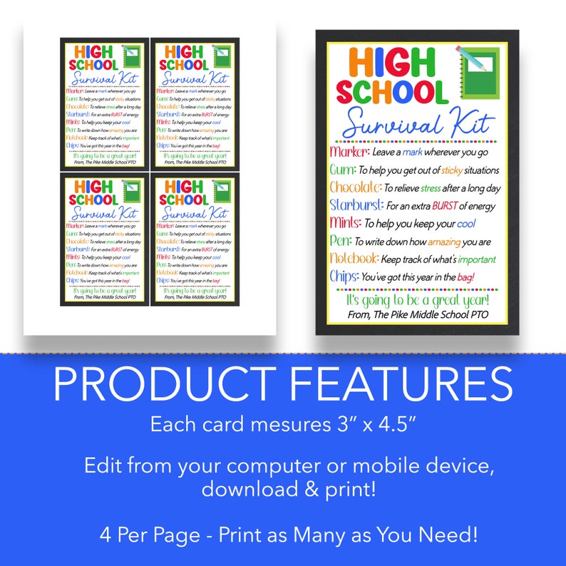 EDITABLE Hign School Survival Kit Gift Tags Back to School - Etsy
