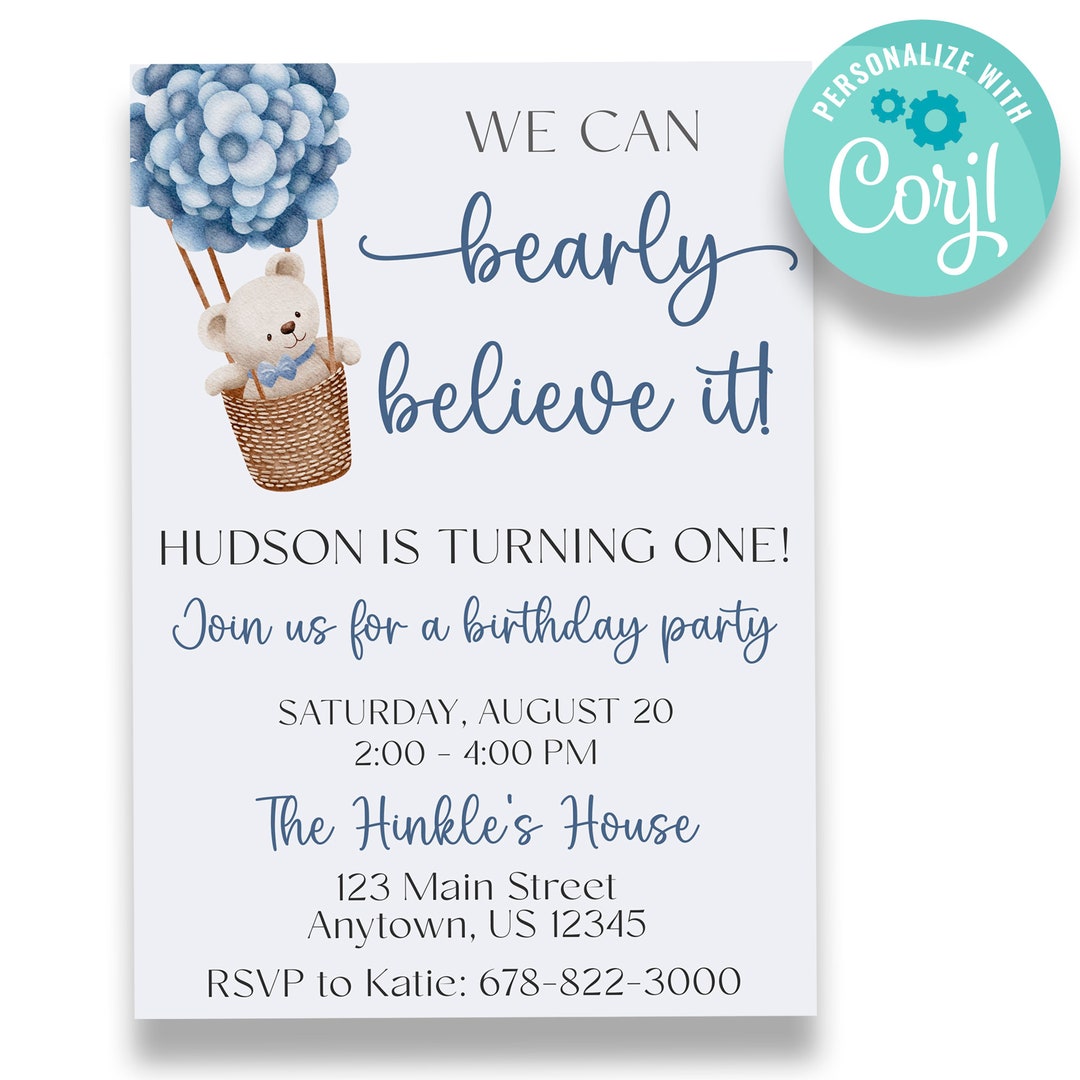 Editable Blue Bear Birthday Invitation | Bearly Believe It Birthday ...
